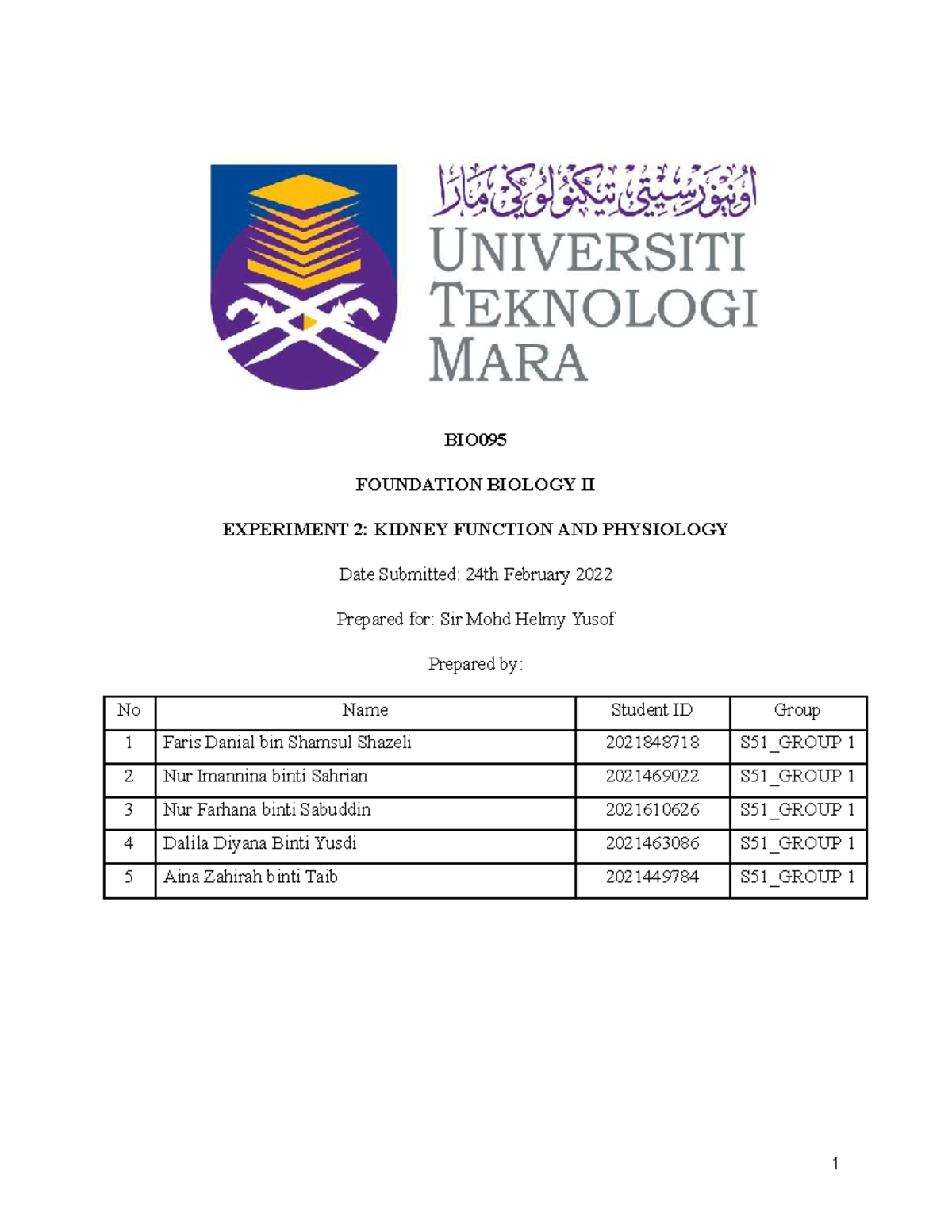 BIO EXP 2 S51 GP 1 AINA Dalila Faris Farhana Imannina - BIO FOUNDATION BIOLOGY II EXPERIMENT 2 ...