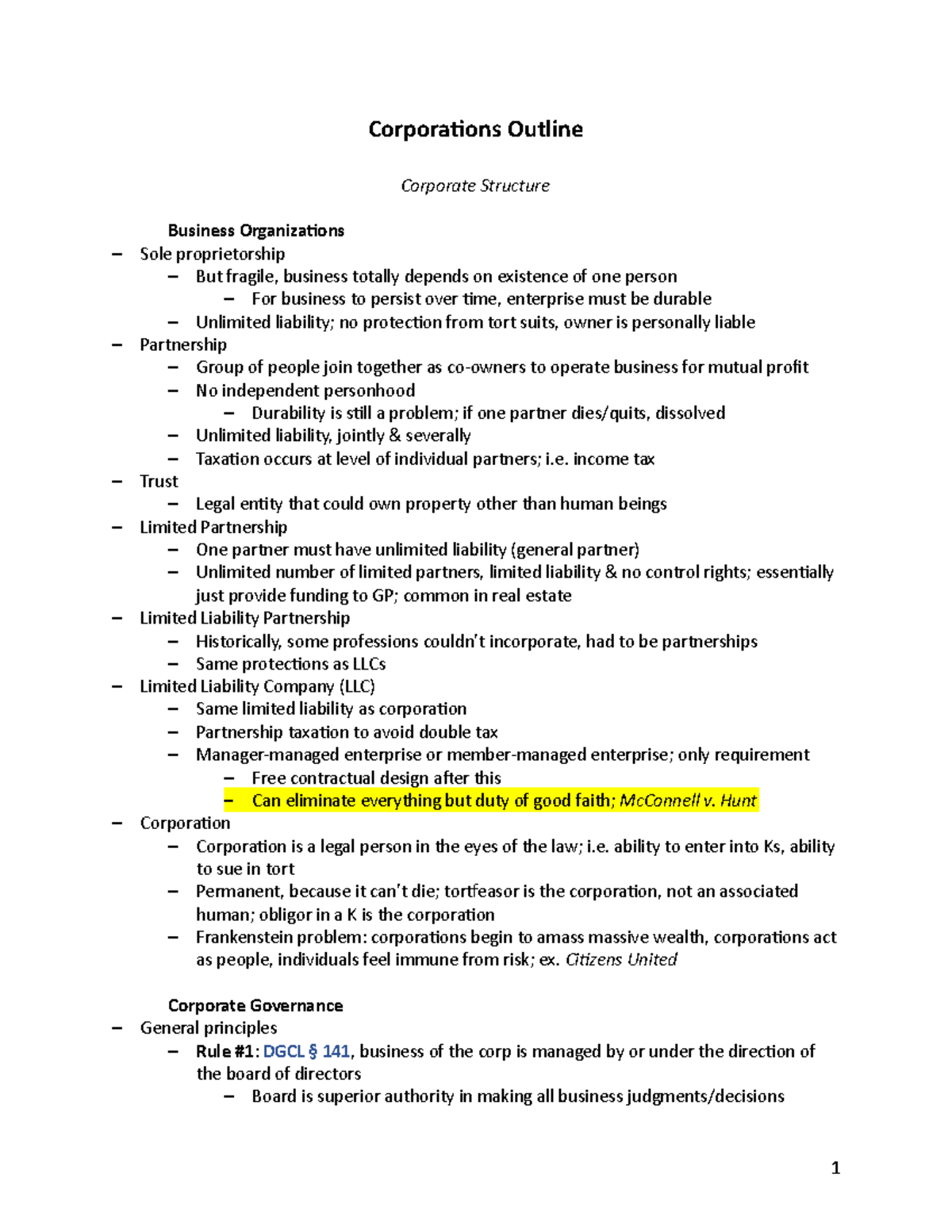 Corporations Outline - Corporations Outline Corporate Structure ...