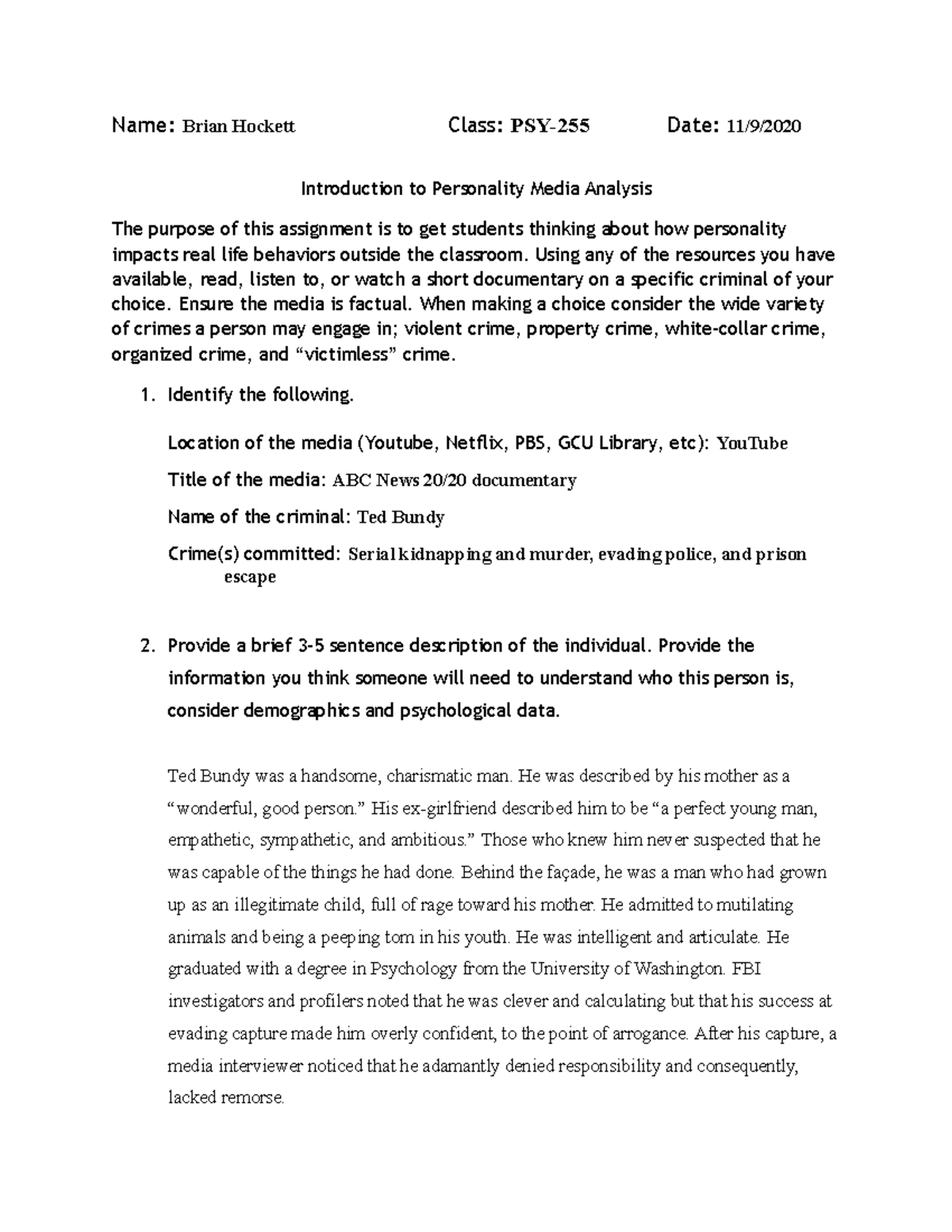 Introduction to Personality Media Analysis Worksheet - Name: Brian ...