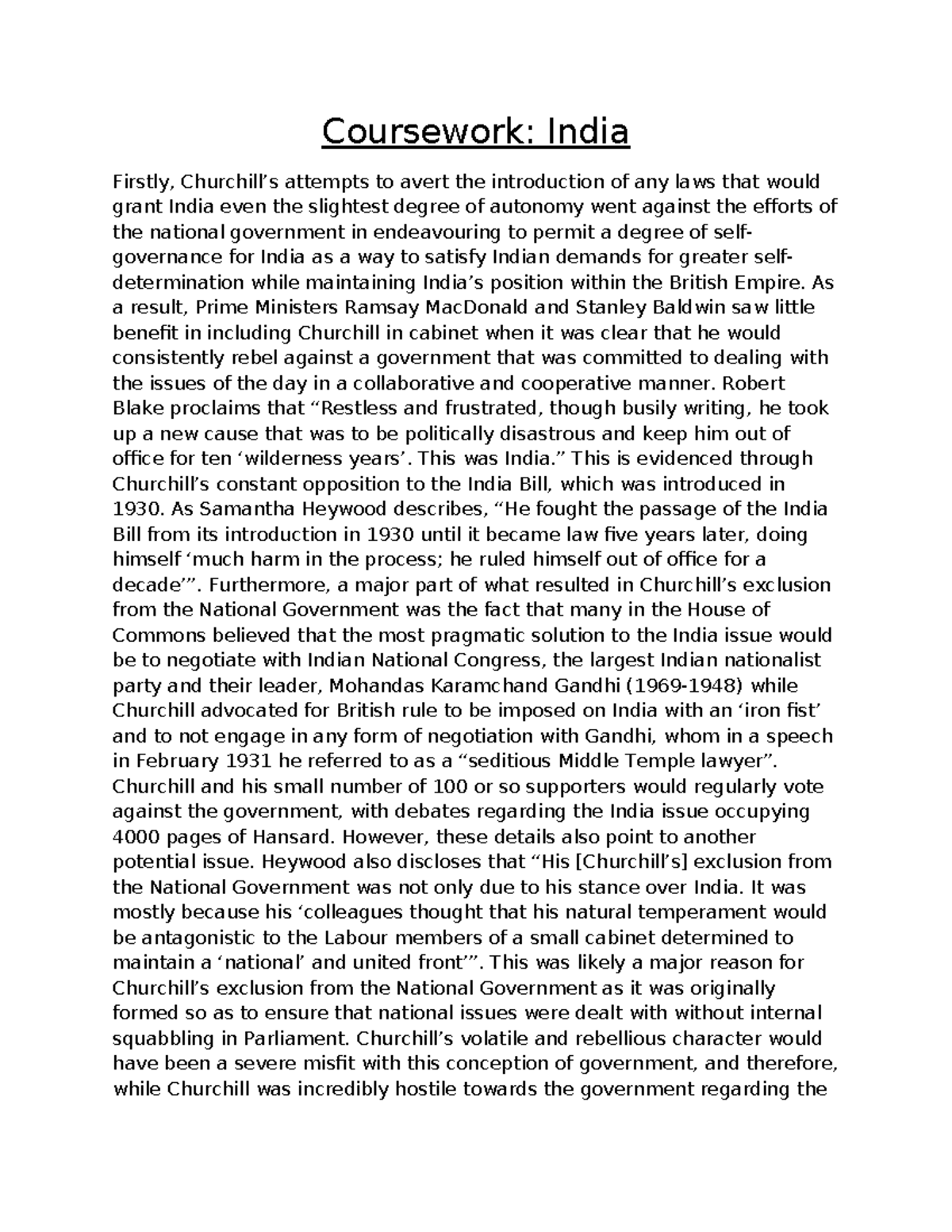 Coursework- India - Coursework: India Firstly, Churchill’s attempts to ...