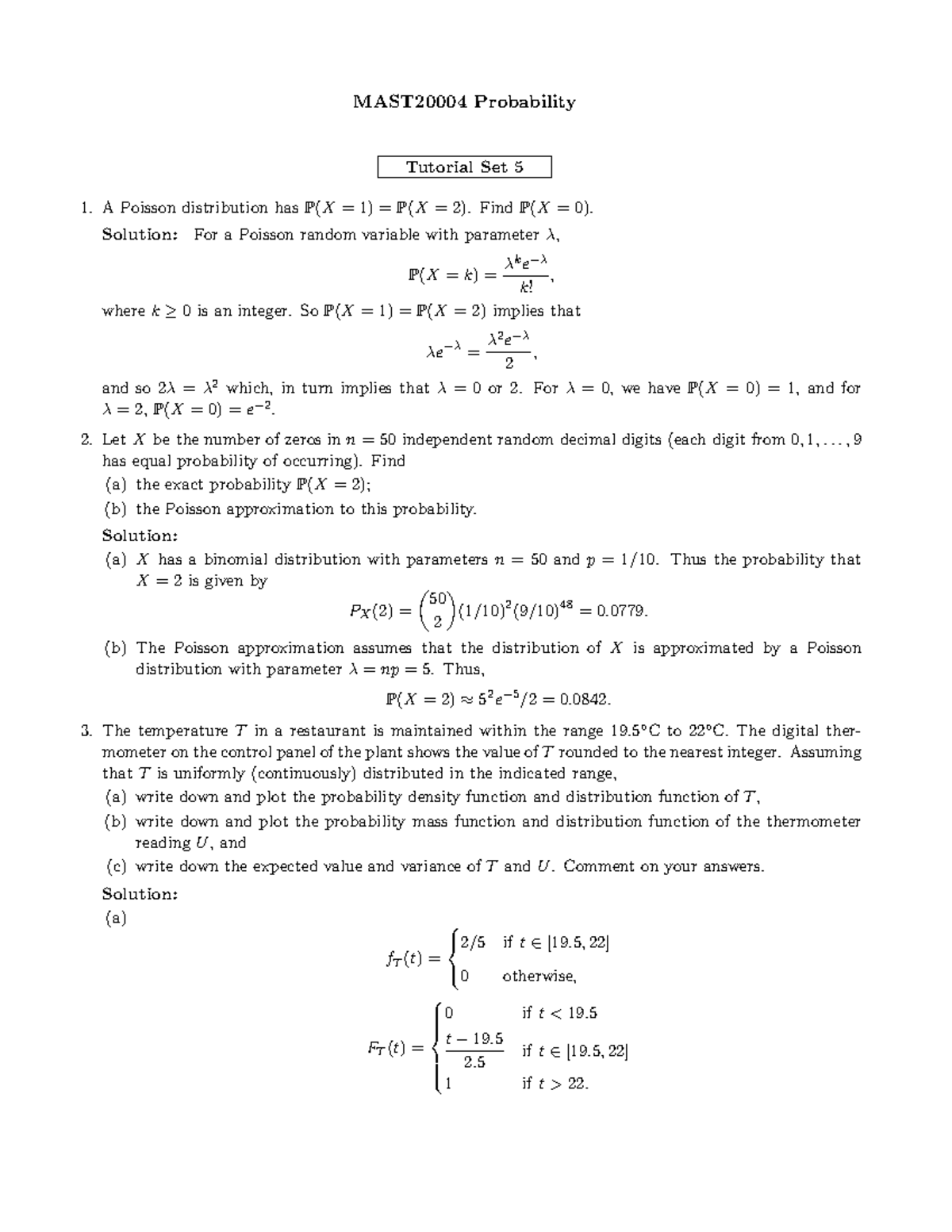 Tutorial Sheet 5 questions and answers - MAST20004 Probability Tutorial ...