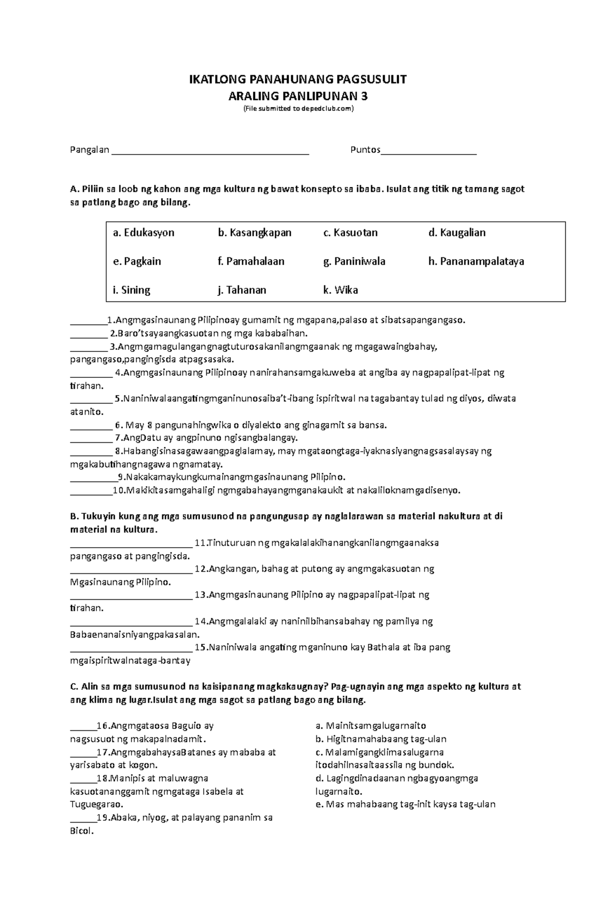 PT Araling Panlipunan 3 Q3 - IKATLONG PANAHUNANG PAGSUSULIT ARALING ...