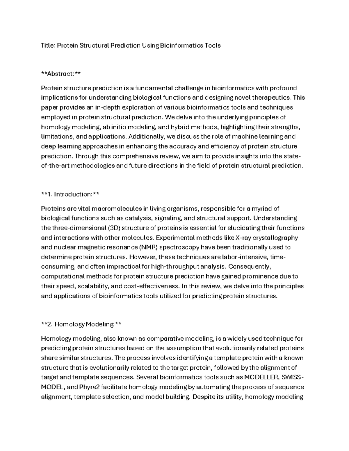 Protein Structural Prediction Using Bioinformatics Tools Title Protein Structural Prediction