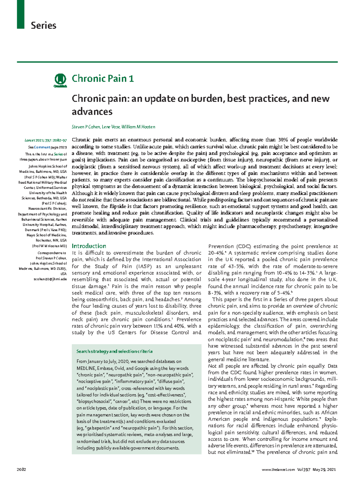 Chronic pain an update on burden, best practices, and new advances ...