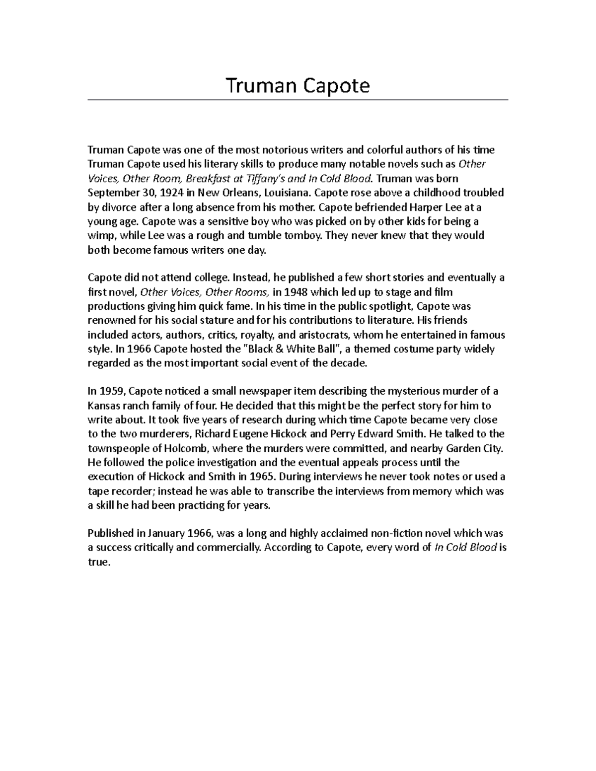Truman Capote - Study Guide - Truman Capote Truman Capote was one of ...