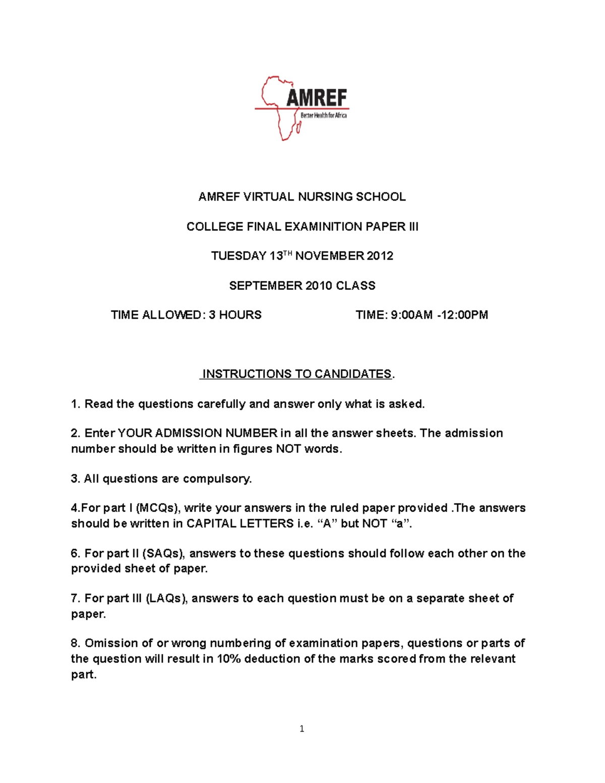 College Final Supplementary Paper 3-4 - AMREF VIRTUAL NURSING SCHOOL ...