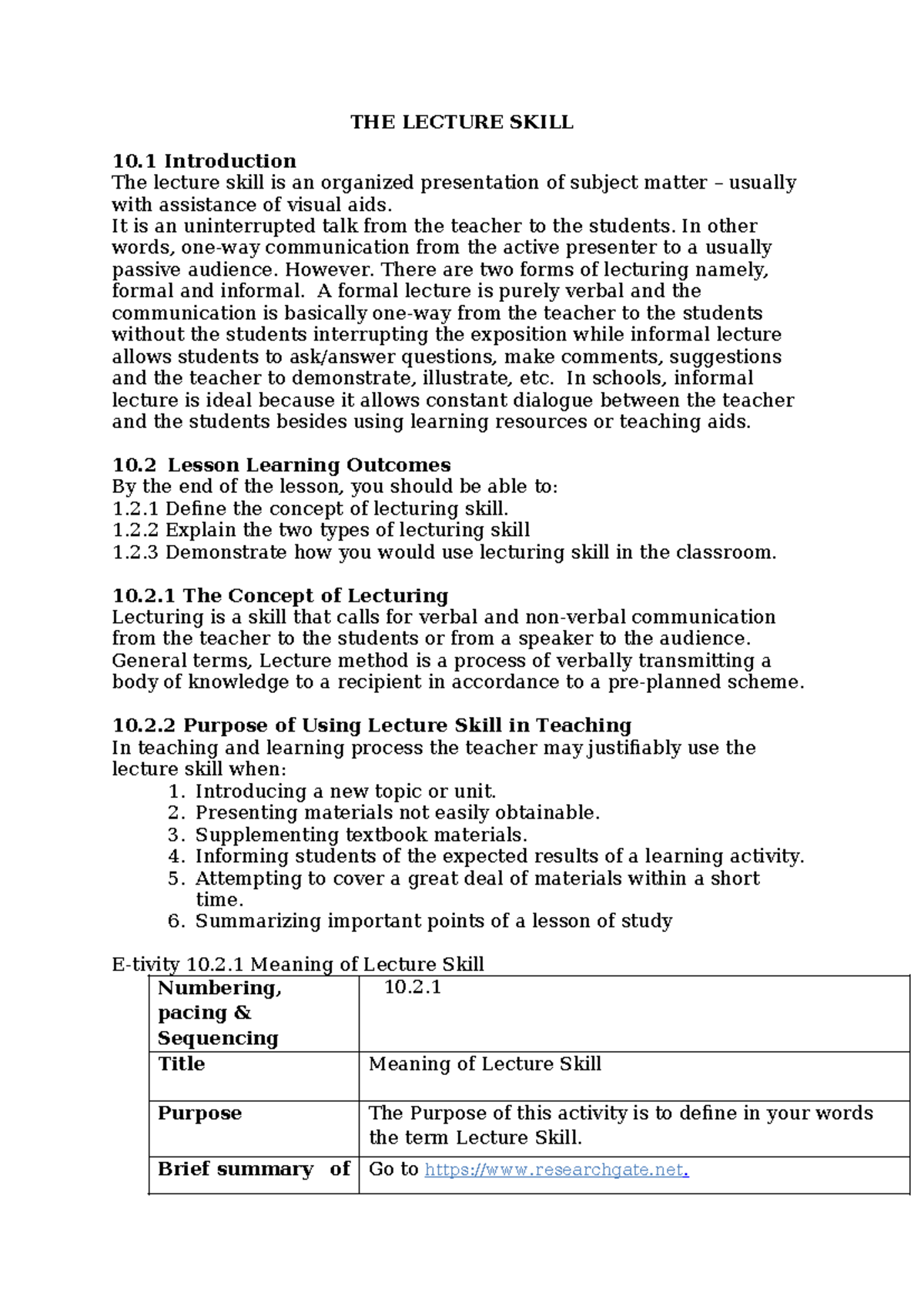 THE Lecture Skill 2021 ONE - THE LECTURE SKILL 10 Introduction The ...