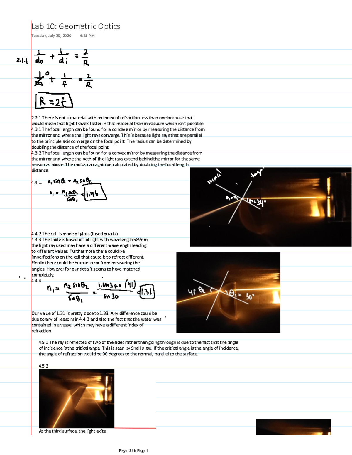 Lab 10 Geometric Optics - 2.2 There is not a material with an index of ...