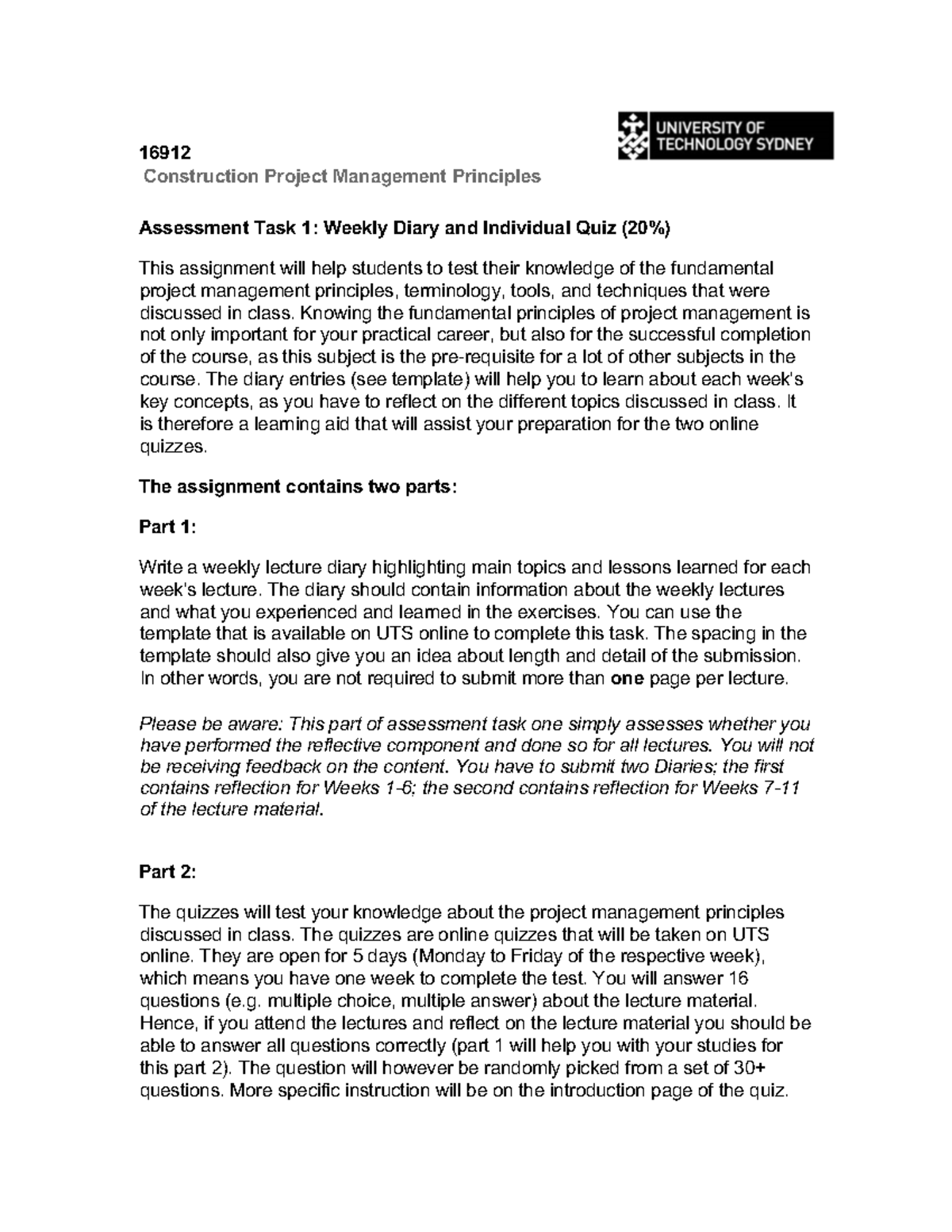 16912 assignment 1-outline - 16912 Construction Project Management ...