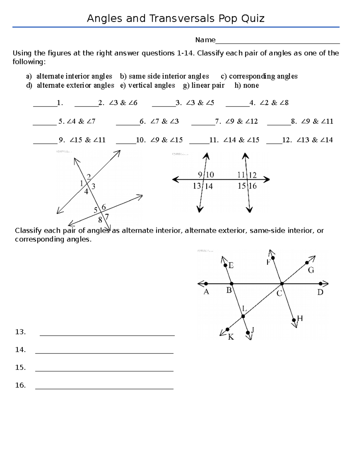 Angle Vocabulry Quiz - Angles and Transversals Pop Quiz Name