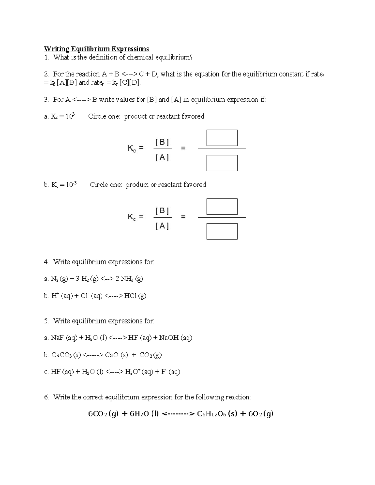 CHM 115 Worksheet 3 - Writing Equilibrium Expressions What is the ...