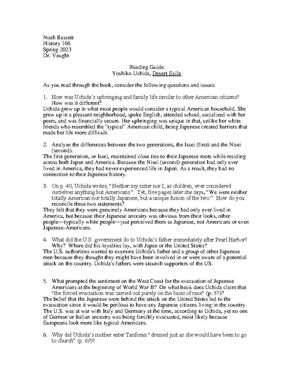 Uchida reading guide - Noah Bassett History 106 Spring 2023 Dr. Vaught ...