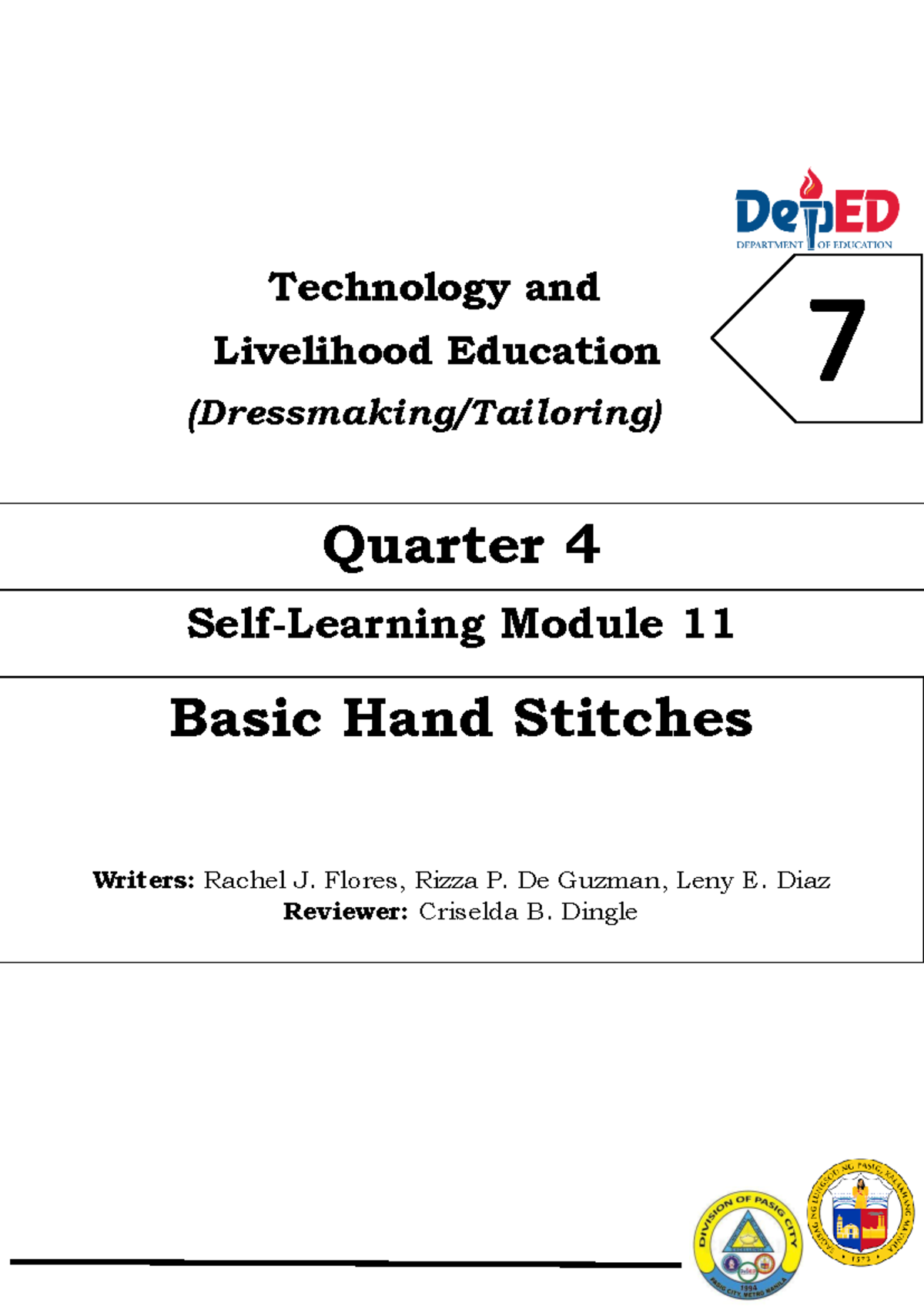 Tle dressmaking - Quarter 4 Self-Learning Module 11 Basic Hand Stitches ...