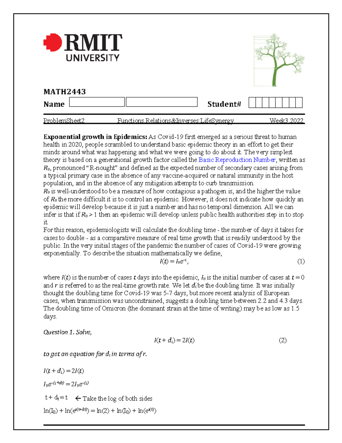 MATH2443 Problem Sheet Wk 3 Life - Exponential growth in Epidemics: As ...