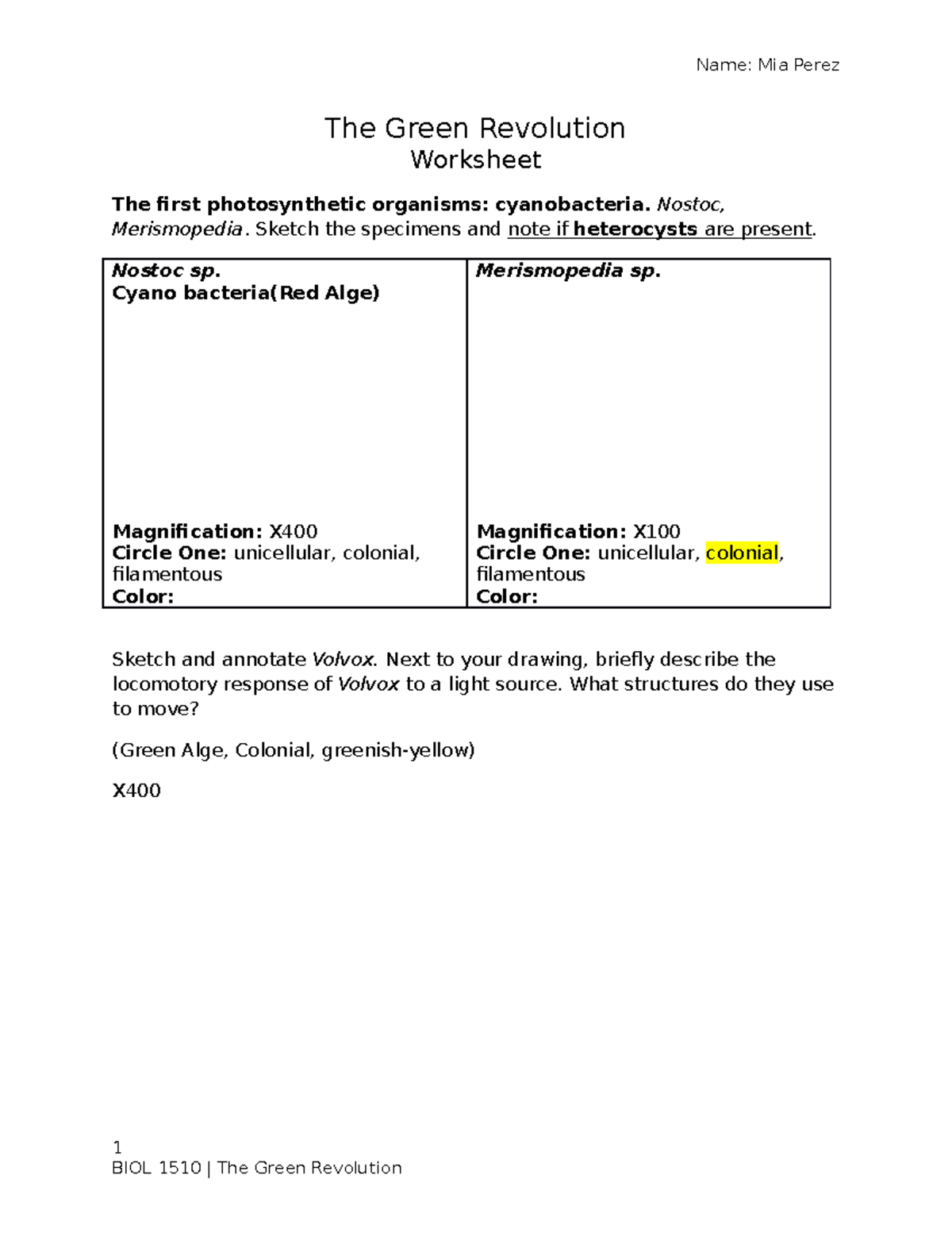 Green Revolution Worksheet - Name: Mia Perez The Green Revolution ...