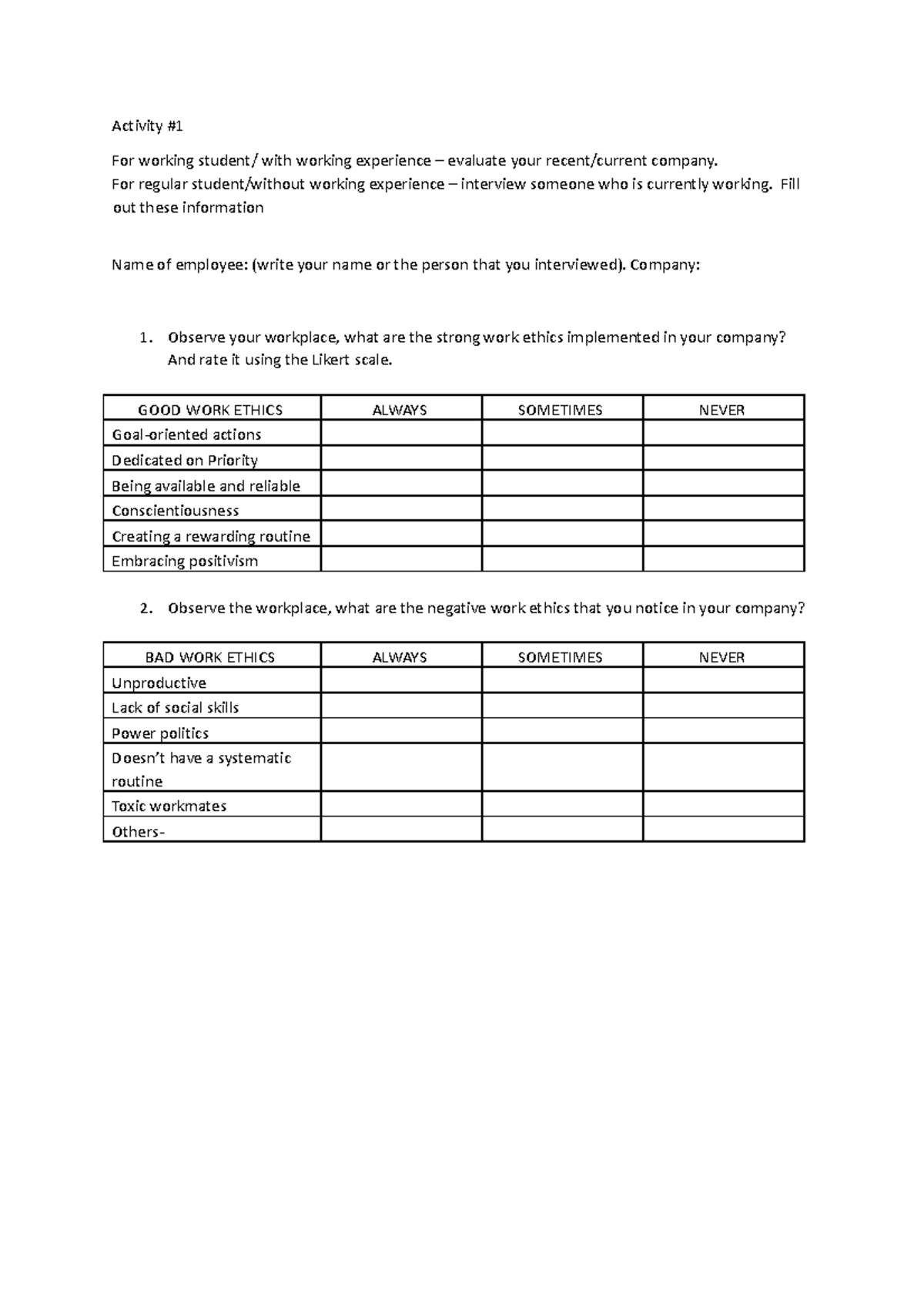 Activity 1 - reflection - Activity # For working student/ with working ...