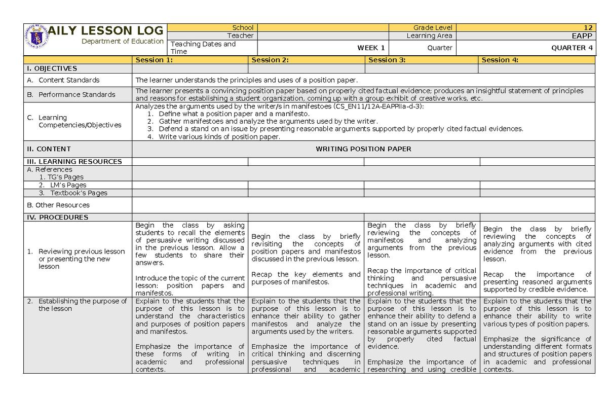 EAPP Quarter 4 WEEK1 - Daily Lesson Log - DAILY LESSON LOG Department ...