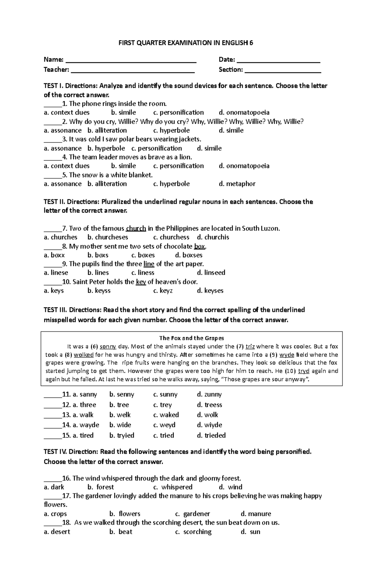 PT English 6 Q1 - Copy - FIRST QUARTER EXAMINATION IN ENGLISH 6 Name ...