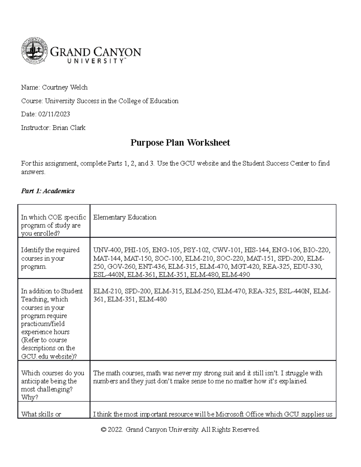 Purpose Plan Gen Ed unv-108 - Name: Courtney Welch Course: University ...