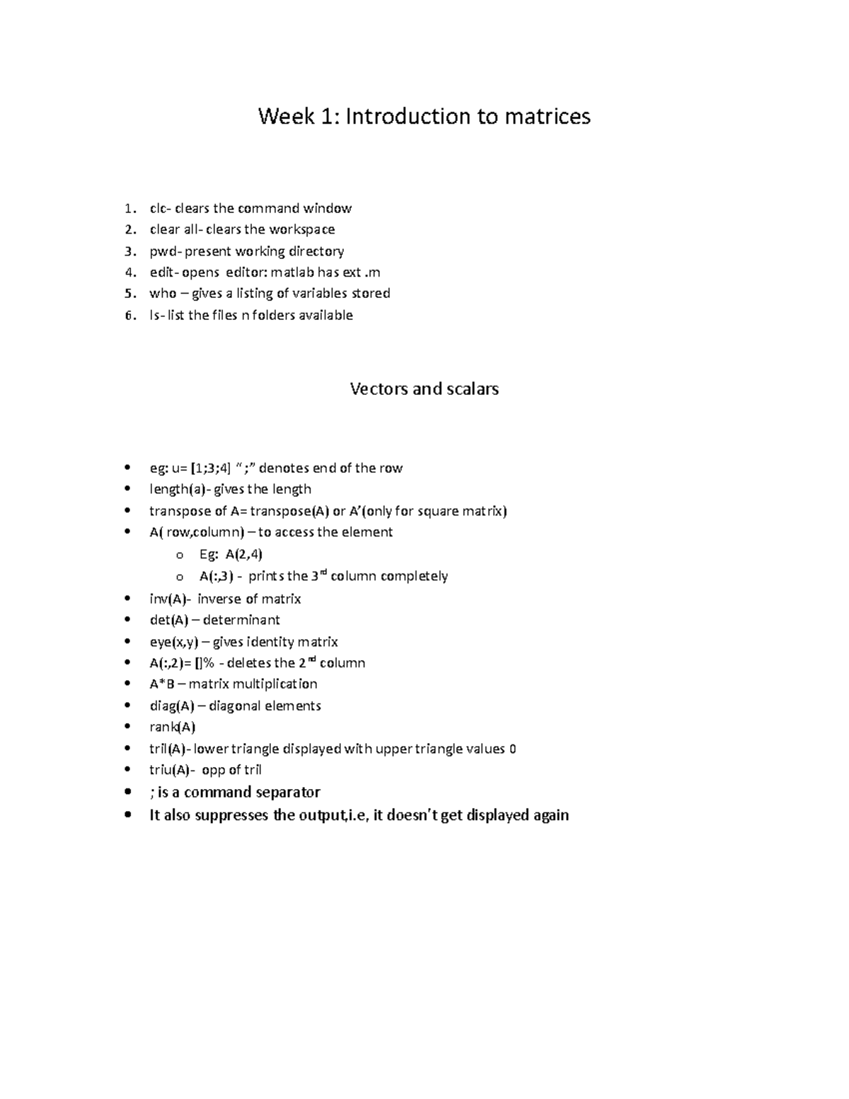 Matlab Commands Week 1 Introduction To Matrices 1 Clc Clears The Command Window 2 Clear