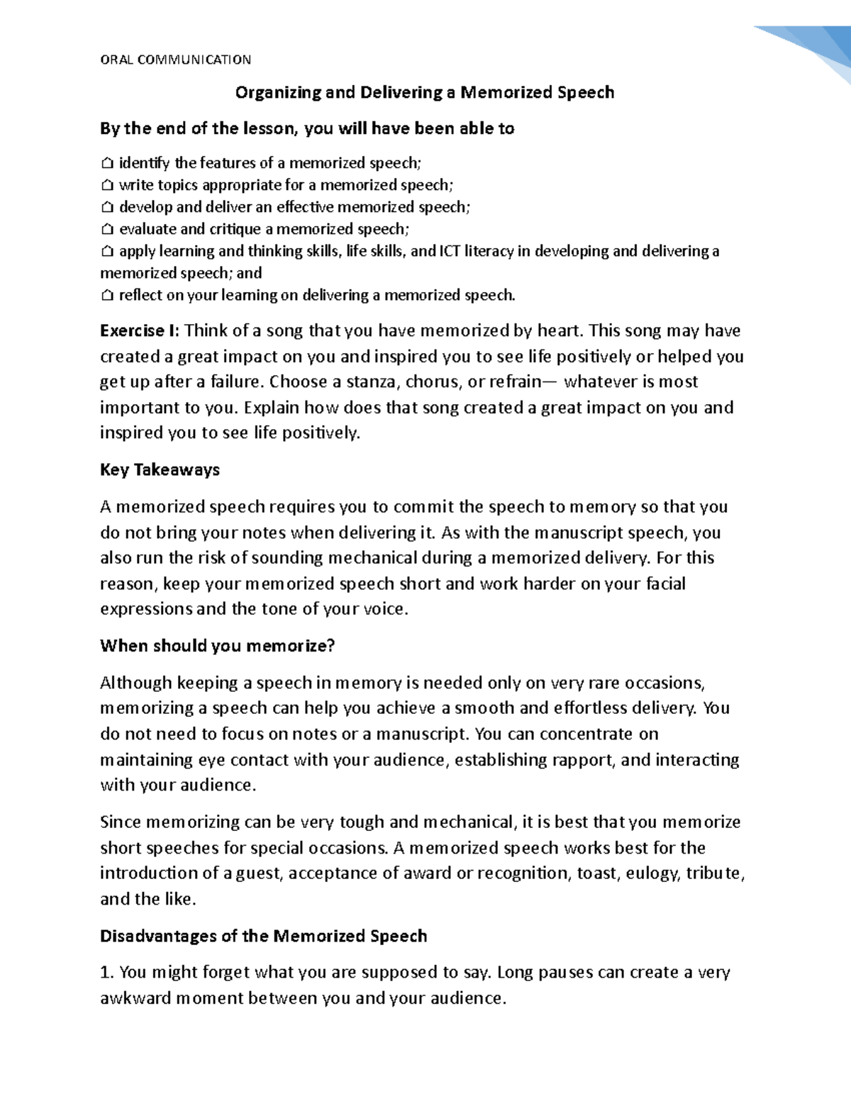 LAS-Oral-com - Las - Organizing and Delivering a Memorized Speech By ...