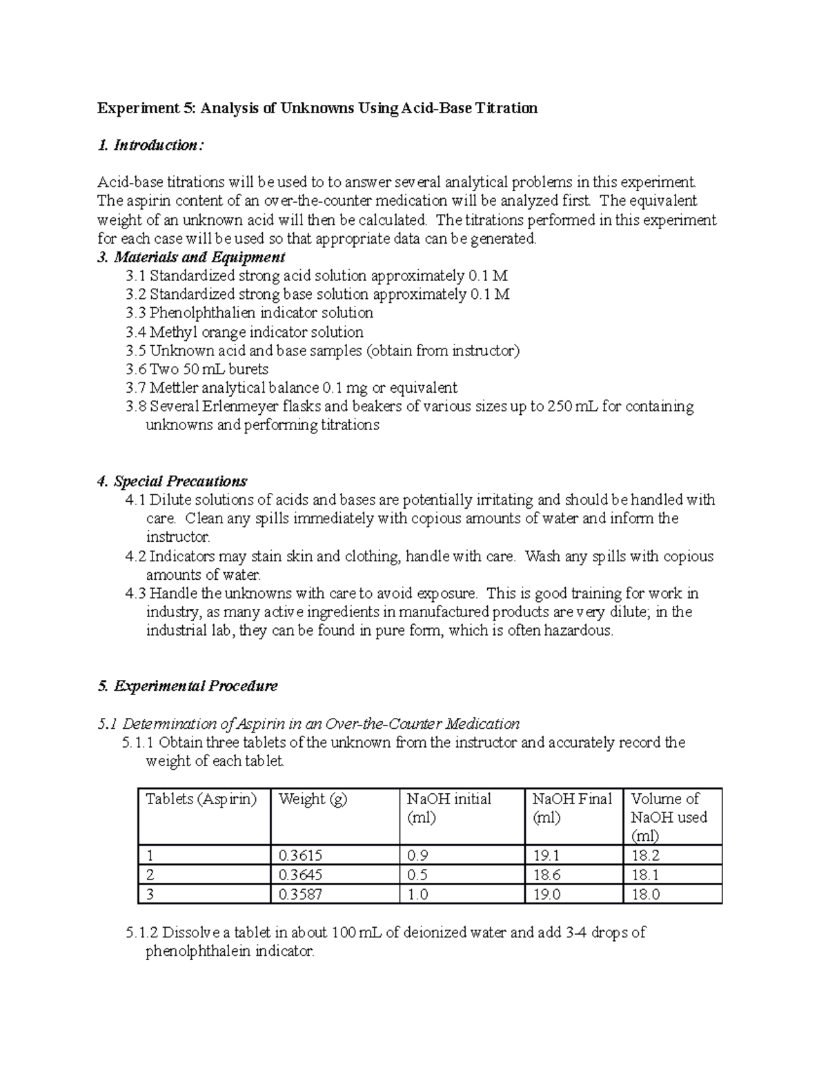 Experiment 5 - lab report - Experiment 5: Analysis of Unknowns Using Acid-Base Titration - Studocu
