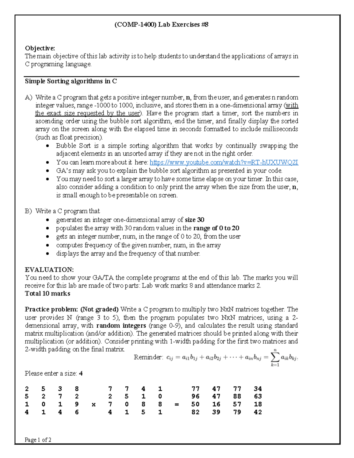 Lab8-F2023 - asdsad - Page 1 of 2 (COMP- 1400 ) Lab Exercises # 8 Objective: The main objective ...