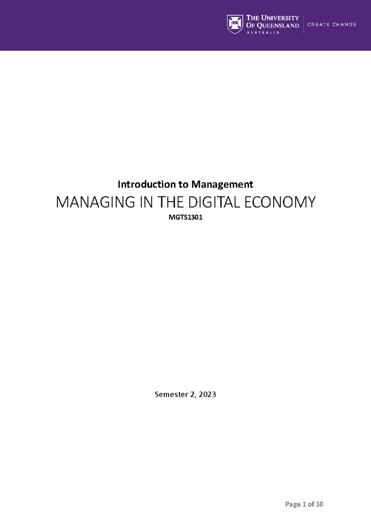 MGTS1301 - Introduction to Management MANAGING IN THE DIGITAL ECONOMY ...