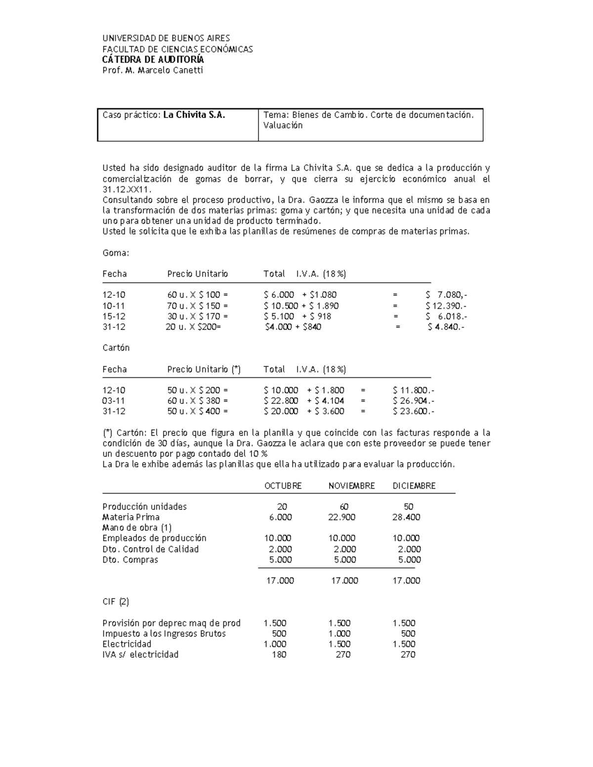 La Chivita - Enunciado - auditoria - UNIVERSIDAD DE BUENOS AIRES FACULTAD DE CIENCIAS ECON”MICAS ...