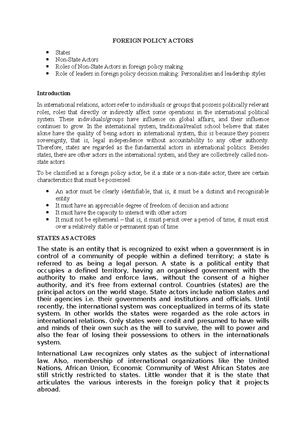 Foreign Policy Actors - FOREIGN POLICY ACTORS States Non-State Actors ...