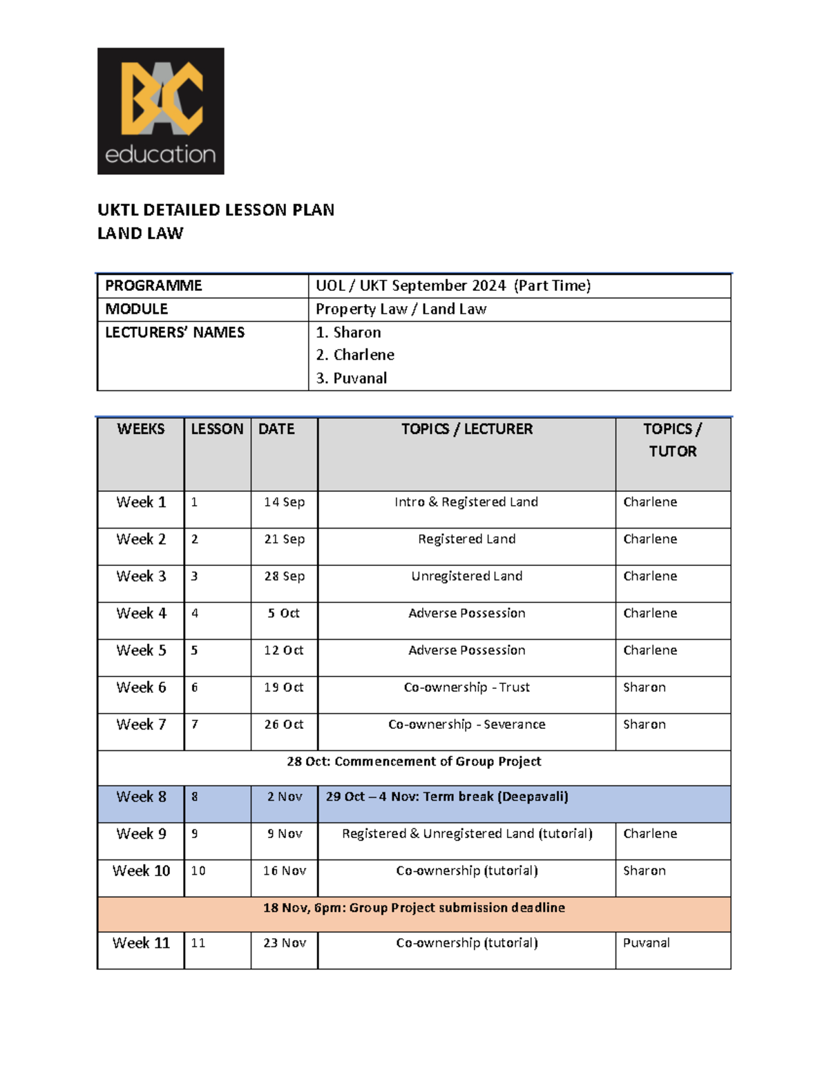 UKTL Detailed Lesson PLAN - UKTL DETAILED LESSON PLAN LAND LAW ...