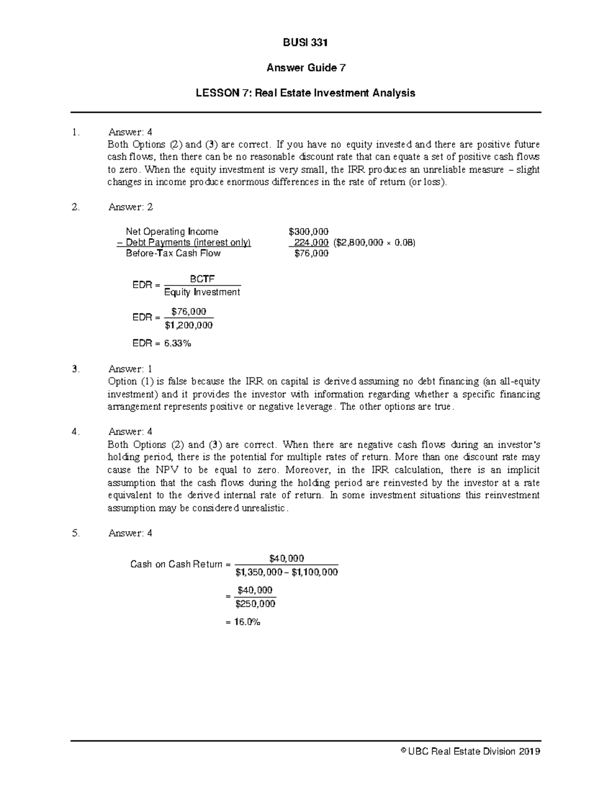 Assignview 2 - Assignment 7 - BUSI 331 Answer Guide 7 LESSON 7: Real ...