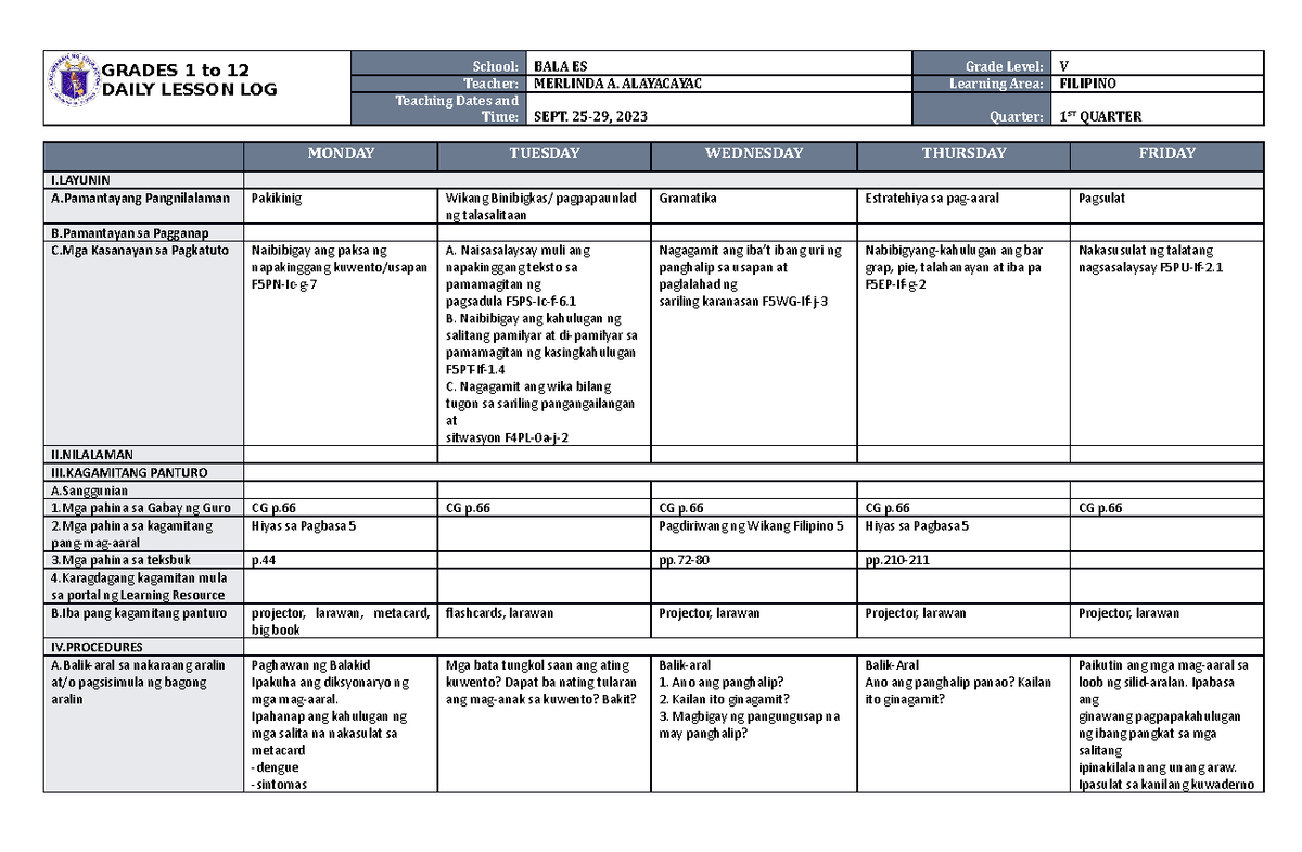 DLL Filipino-5 Q1 W6filipino - GRADES 1 to 12 DAILY LESSON LOG School ...
