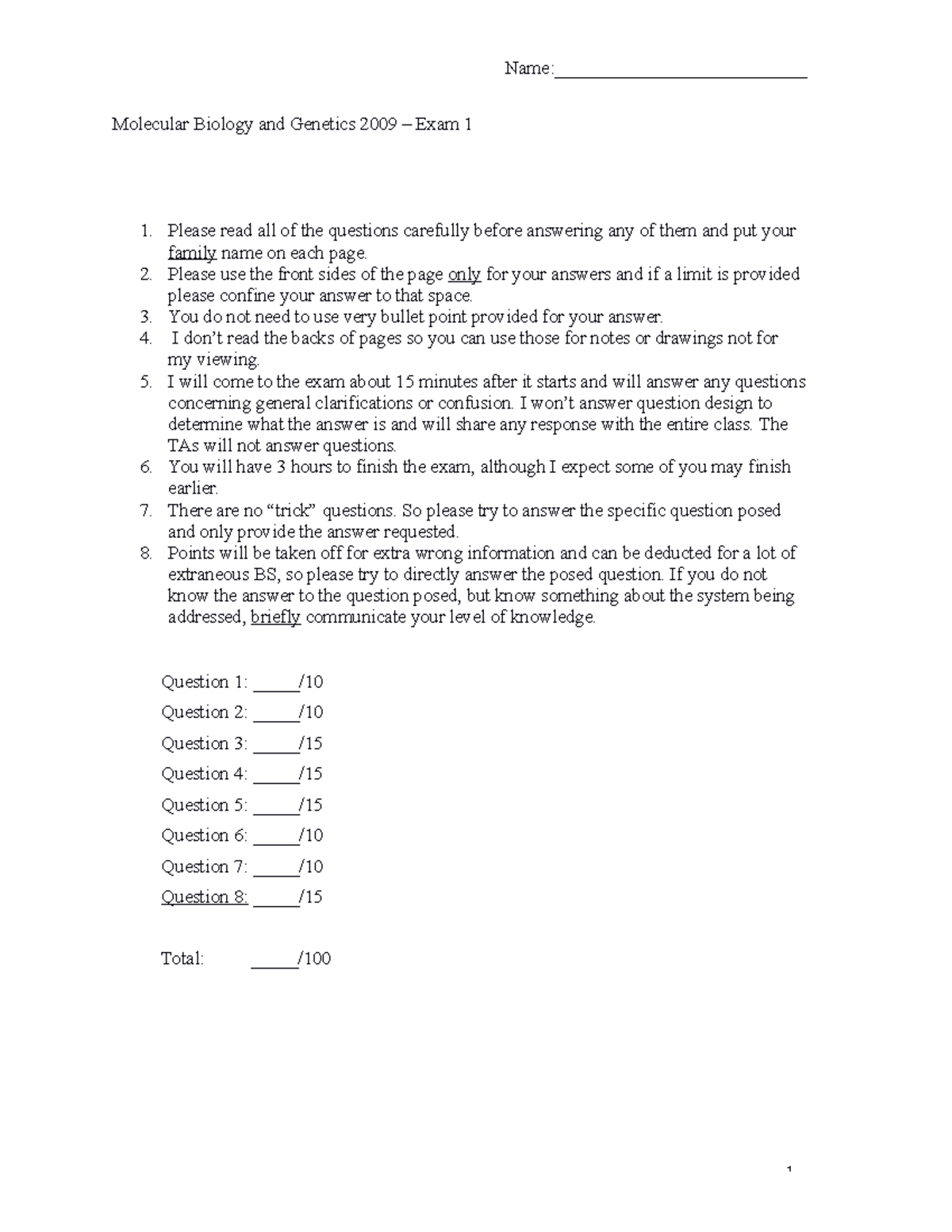 Molecular Biology and Genetics Exam 1 - Molecular Biology and Genetics ...