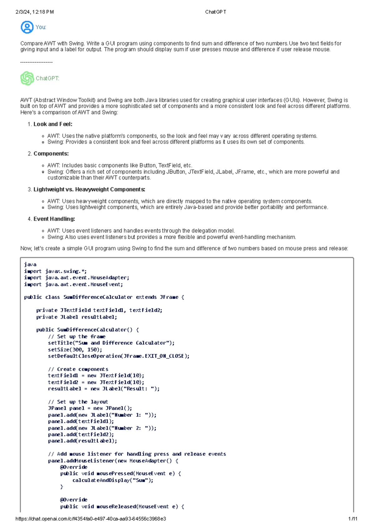 Unit-3 - You: Compare AWT with Swing. Write a GUI program using components to find sum and - Studocu