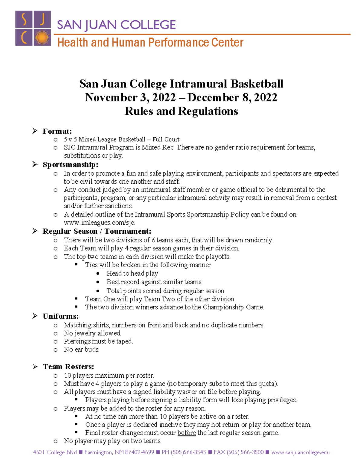 Intramural Basketball Rules - SAN JUAN COLLEGE Health and Human ...