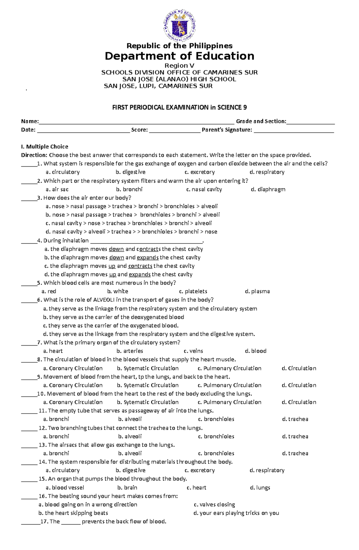 1st Q EXAM - for examination - Republic of the Philippines Department ...