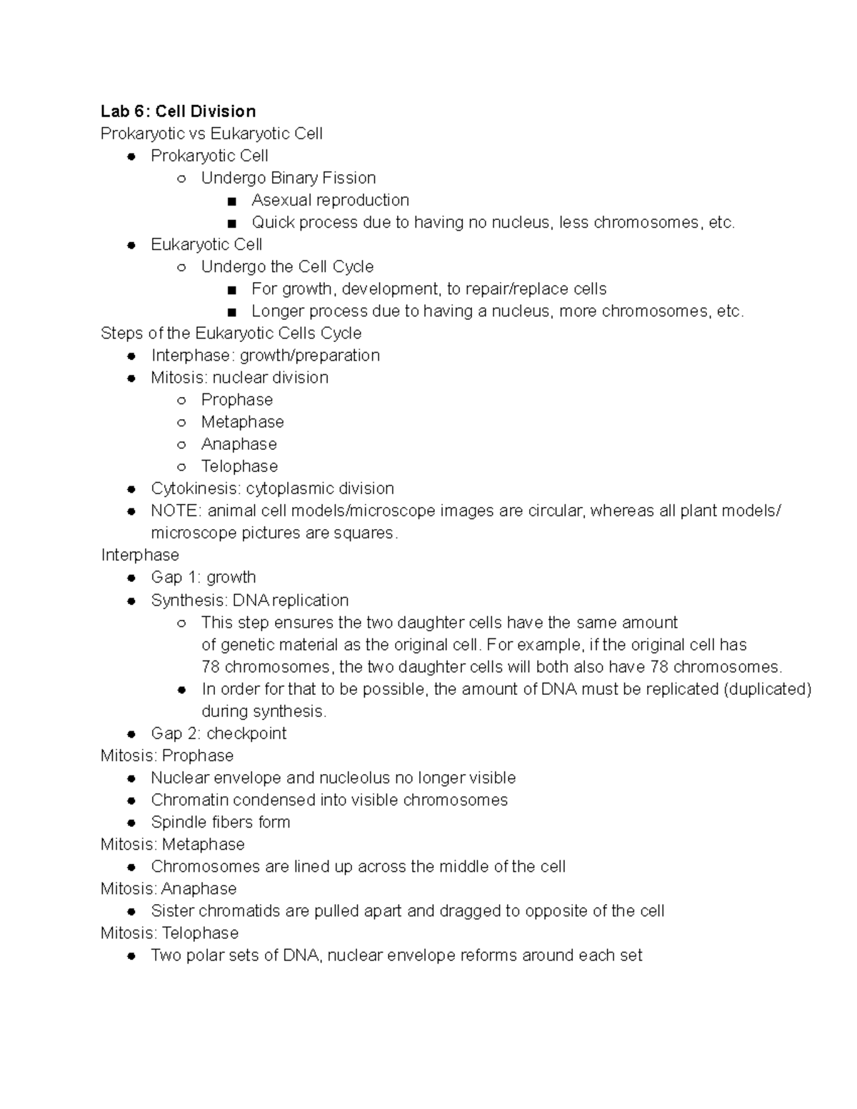Lab 6 Cell Division - Lab 6: Cell Division Prokaryotic vs Eukaryotic ...