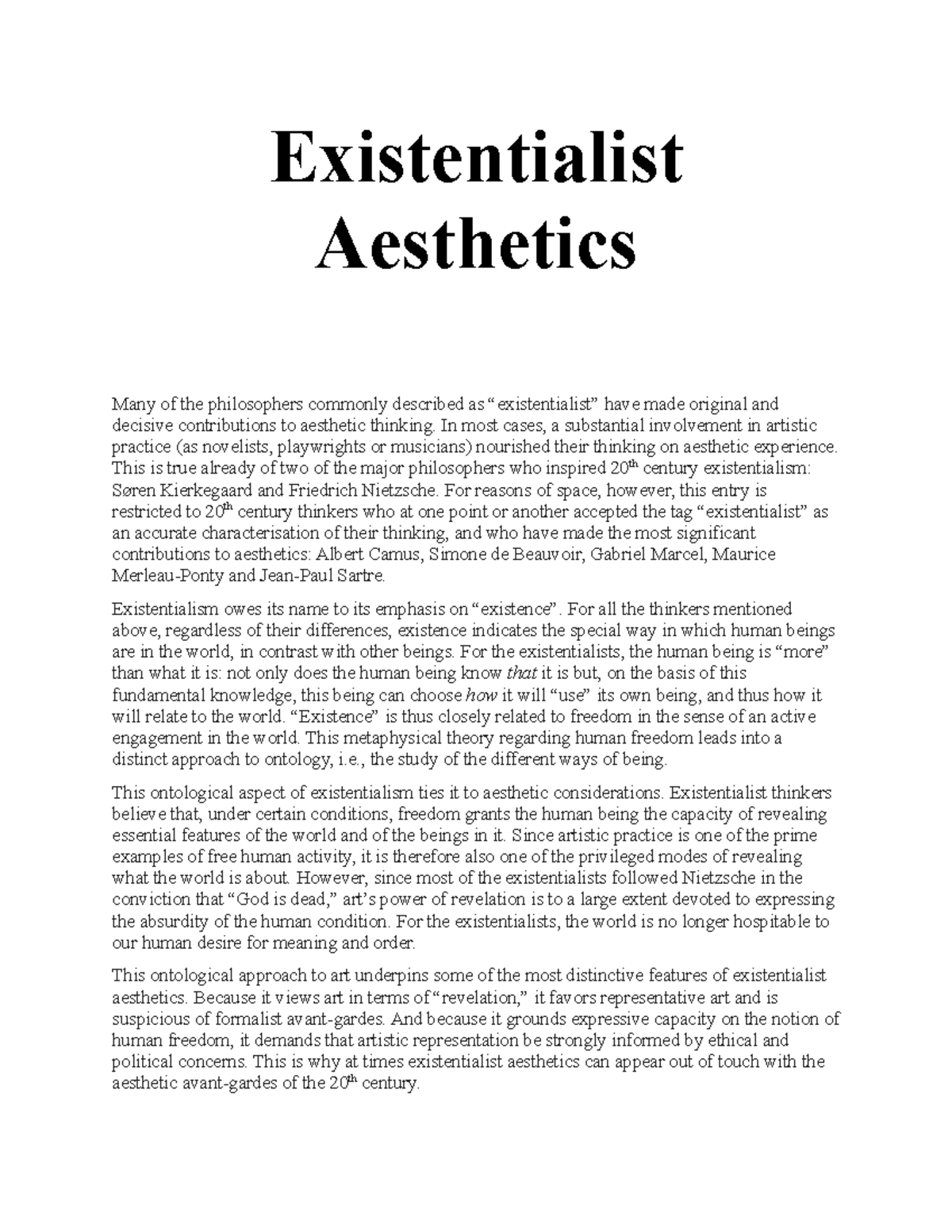 Lecture 37 Existentialist Aesthetics - Existentialist Aesthetics Many ...