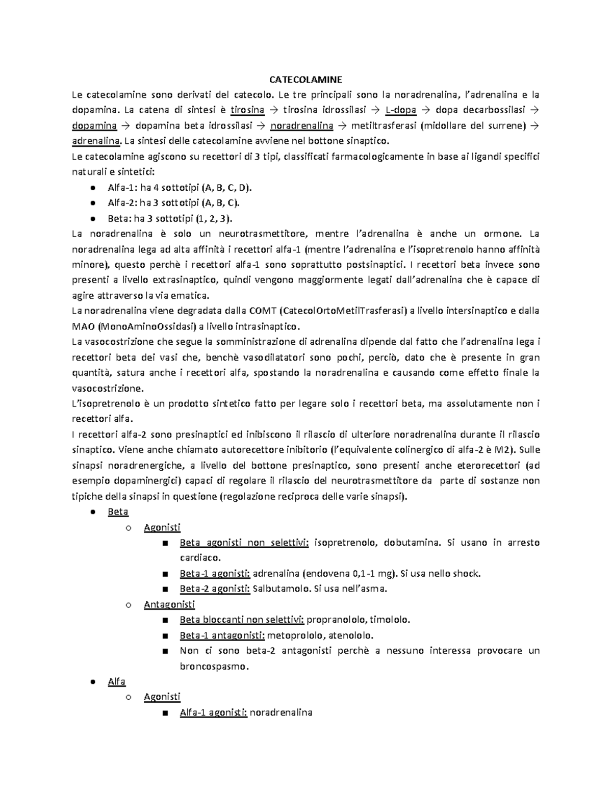 Farmacologia 1 - Catecolamine - CATECOLAMINE Le catecolamine sono ...
