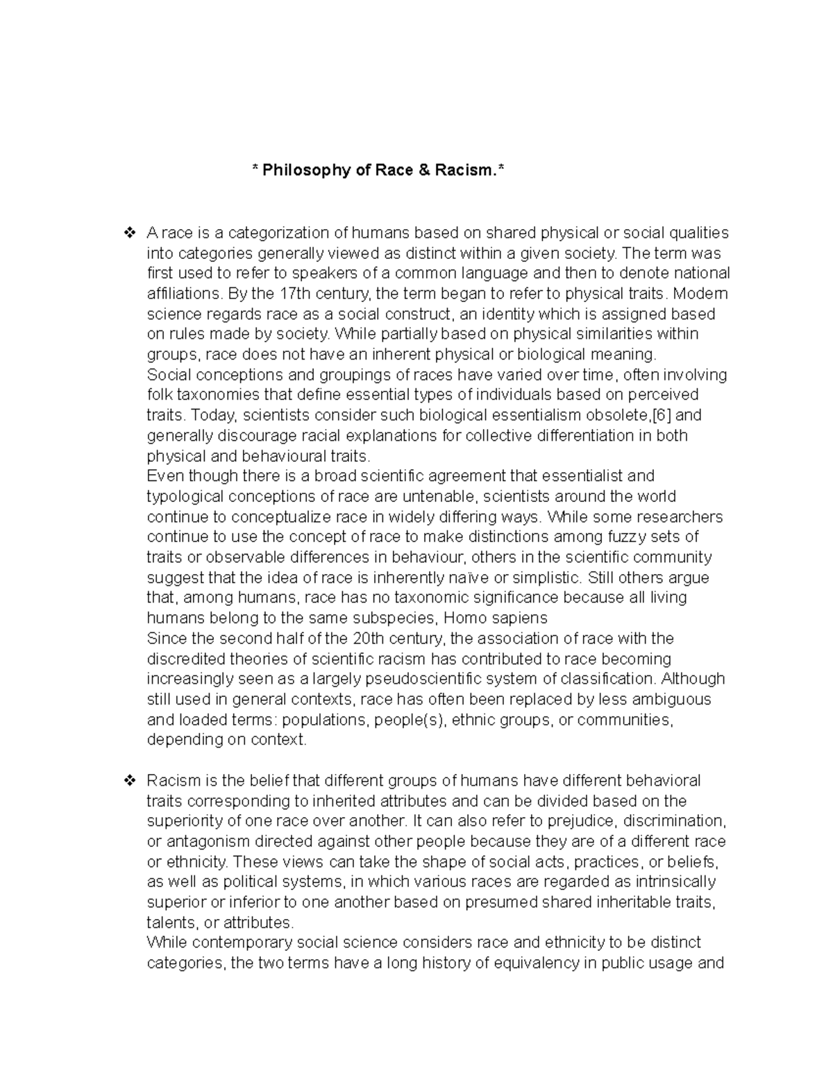 Philosophy of Race and racism - *** Philosophy of Race & Racism.*** A ...