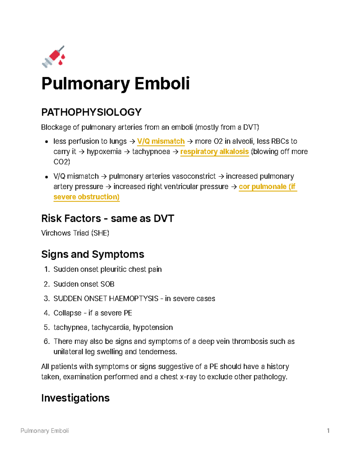 Pulmonary Emboli - 💉 Pulmonary Emboli PATHOPHYSIOLOGY Blockage of ...