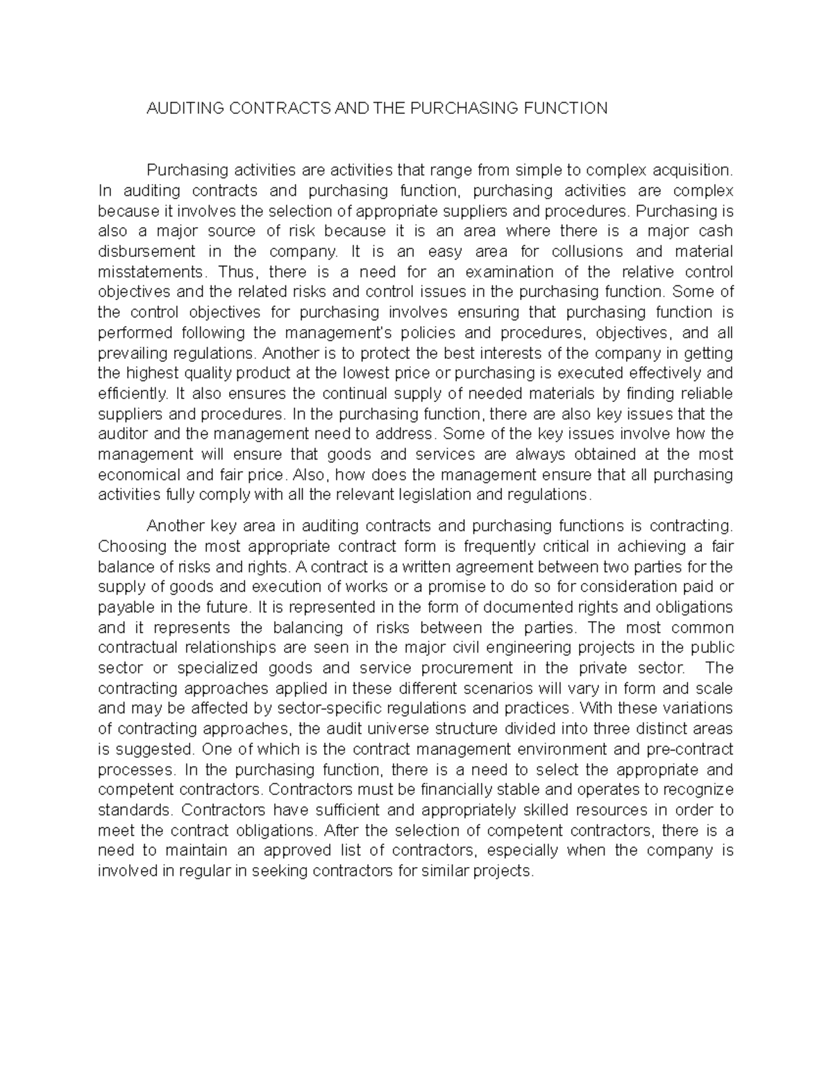 Auditing Contracts AND THE Purchasing Function - AUDITING CONTRACTS AND THE PURCHASING FUNCTION ...