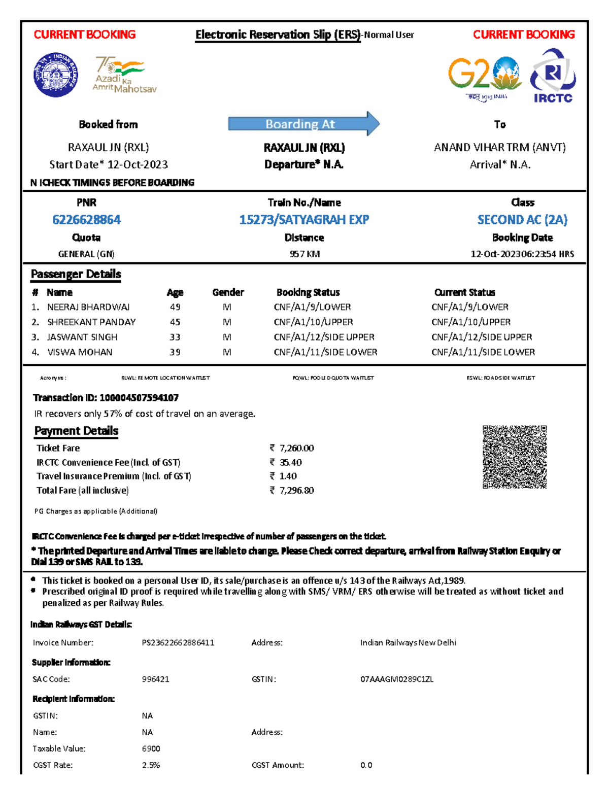 6226628864 - CURRENT BOOKING Electronic Reservation Slip (ERS)-Normal ...