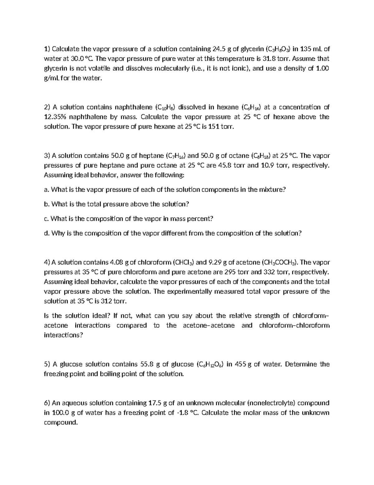 Worksheet Colligative Prop - Calculate the vapor pressure of a solution ...