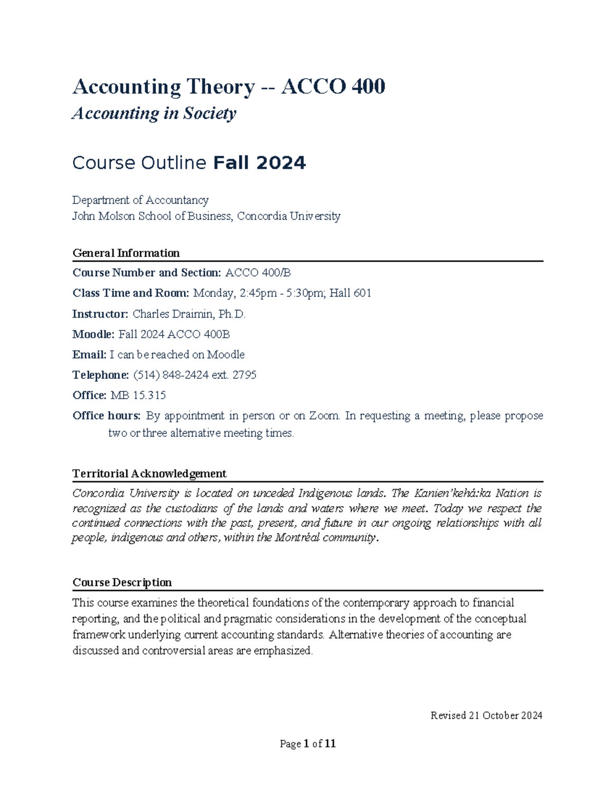 Course Outline ACCO 400 B - Fall 2024- Rev. 21 Oct. 24 - Accounting ...
