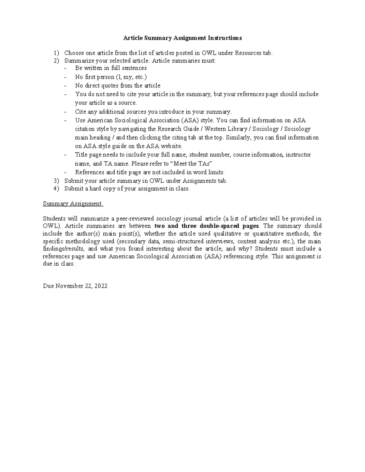 Article Summary Assignment Instructions - Summarize your selected article. Article summaries ...