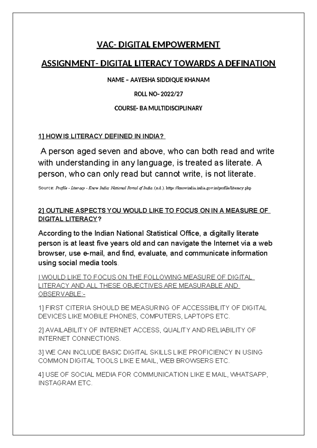 VAC - VAC ASSIGNMENT - VAC- DIGITAL EMPOWERMENT ASSIGNMENT- DIGITAL LITERACY TOWARDS A ...