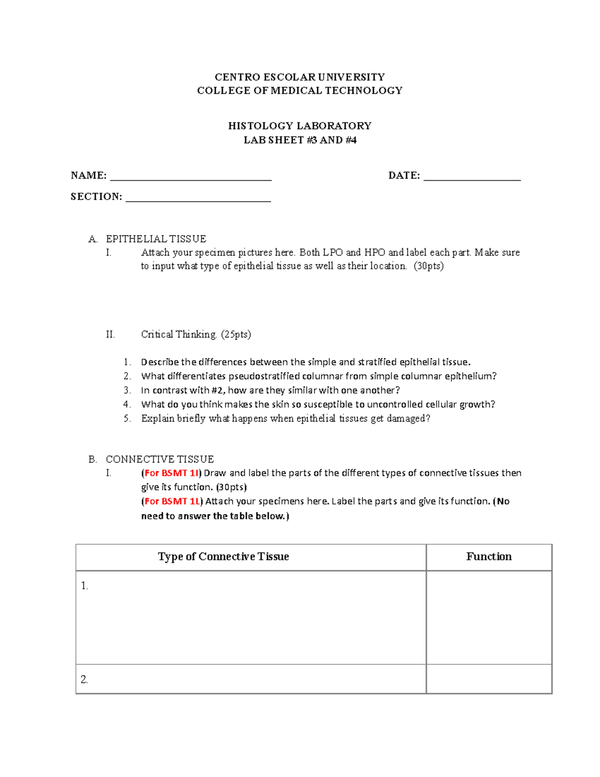 Histo LAB Sheet 3,4 - CENTRO ESCOLAR UNIVERSITY COLLEGE OF MEDICAL ...
