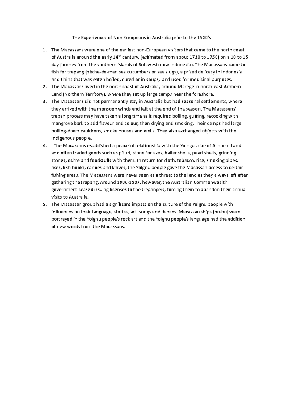 The Experiences of Non Europeans in Australia prior to the 1900 - The ...